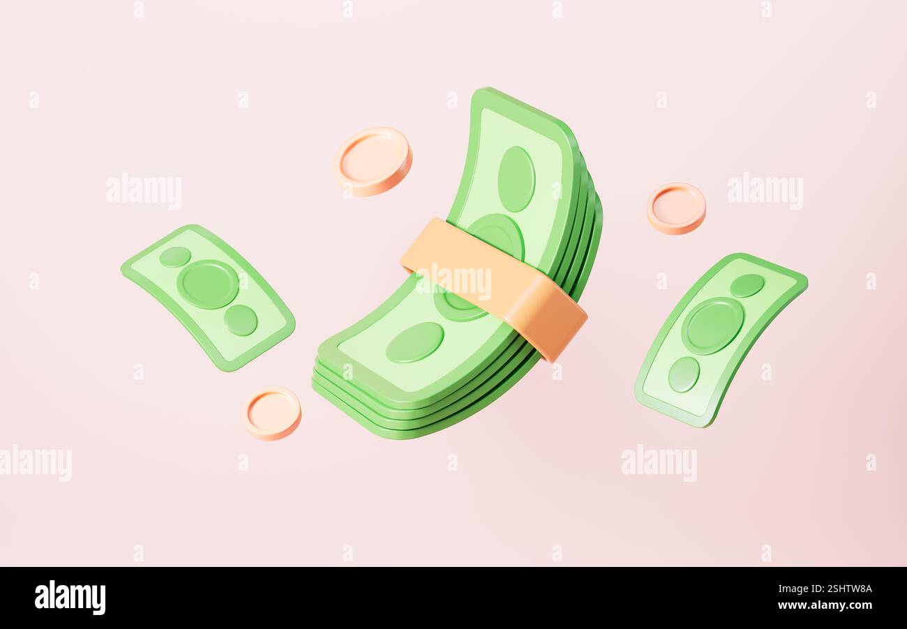Cartoon paper bills stack, flying banknotes, 3d rendering. 3d ...