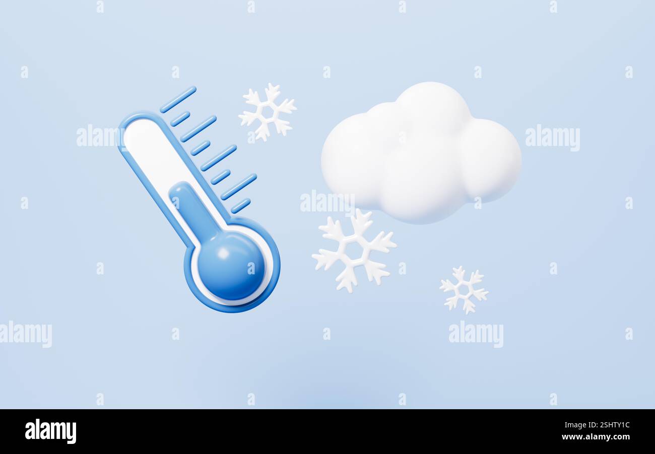 Cartoon thermometer and snowflake, winter temperature drop, 3d ...