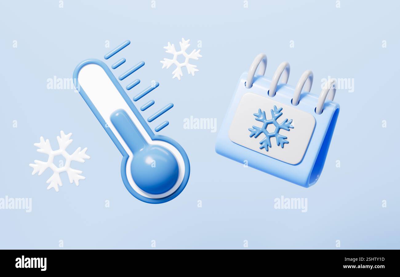 Cartoon thermometer and snowflake, winter temperature drop, 3d ...