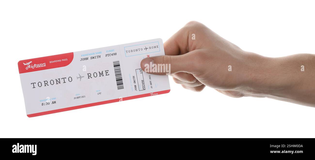 Travel agency. Man holding flight ticket on white background, closeup ...