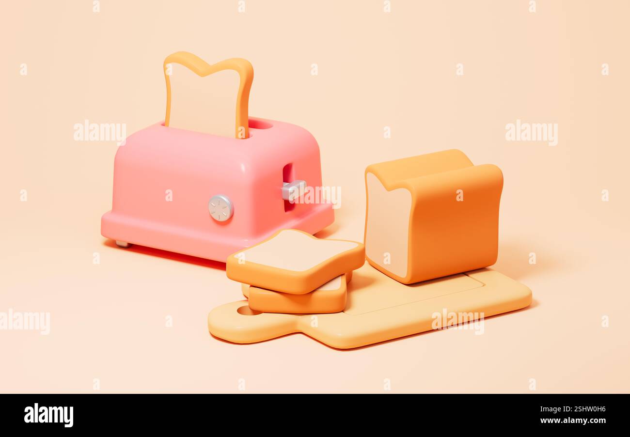 Cartoon bread maker and sliced bread in the yellow background. 3d rendering. 3d illustration ...