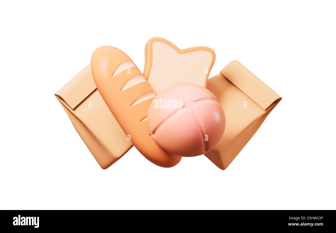 Cartoon kinds of breads and kraft bags, bread take-out, 3d rendering ...