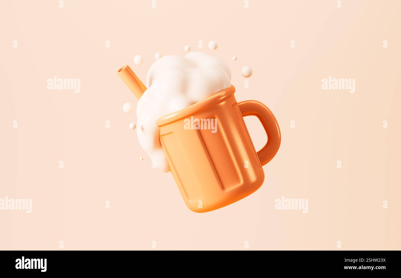 Cartoon a golden, frothy drink on the orange background, 3d rendering ...
