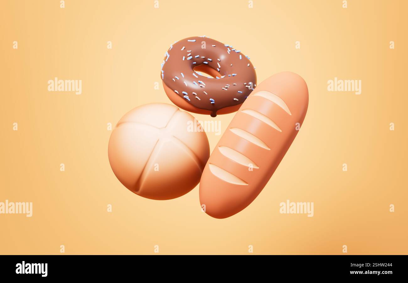 Cartoon kinds of breads with white background, 3d rendering. 3d ...