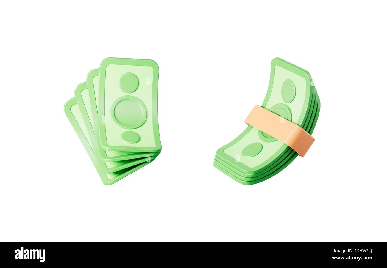 Cartoon paper bills stack, flying banknotes, 3d rendering. 3d ...