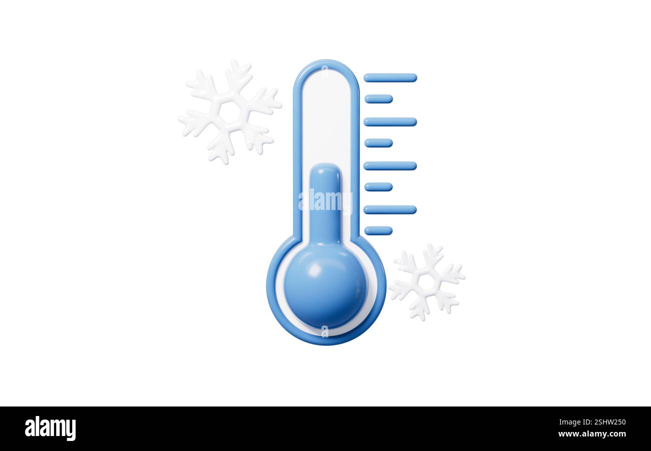 Cartoon thermometer and snowflake, winter temperature drop, 3d ...