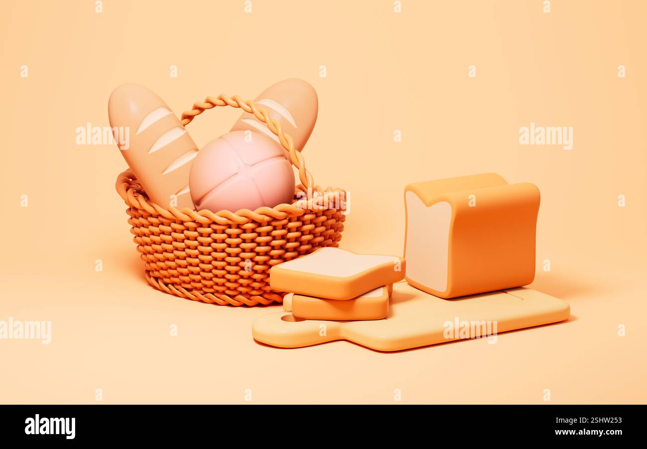 Cartoon kinds of breads in the yellow background, 3d rendering. 3d illustration Stock Photo - Alamy