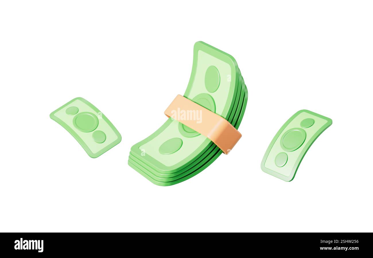 Cartoon paper bills stack, flying banknotes, 3d rendering. 3d ...
