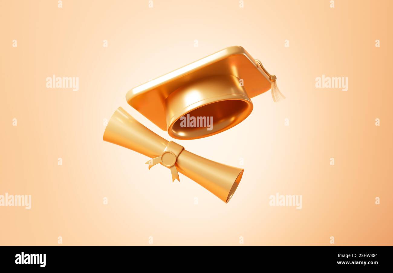 Golden graduate cap with golden tassel and golden scroll on gold ...