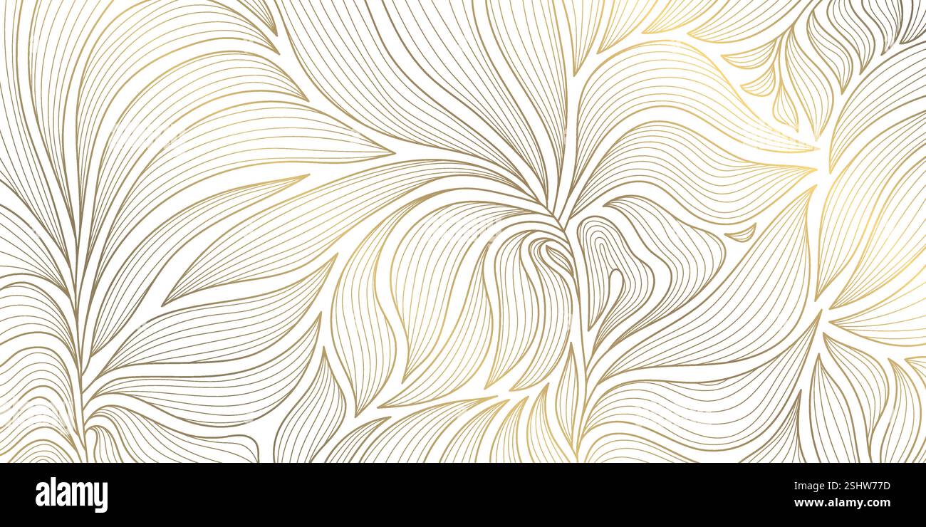 Vector golden leaves art deco pattern, flower line luxury motif, fancy nouveau nature background ...