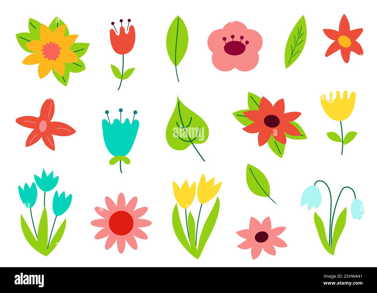 Colorful collection of cartoon-style flowers and leaves ideal for ...