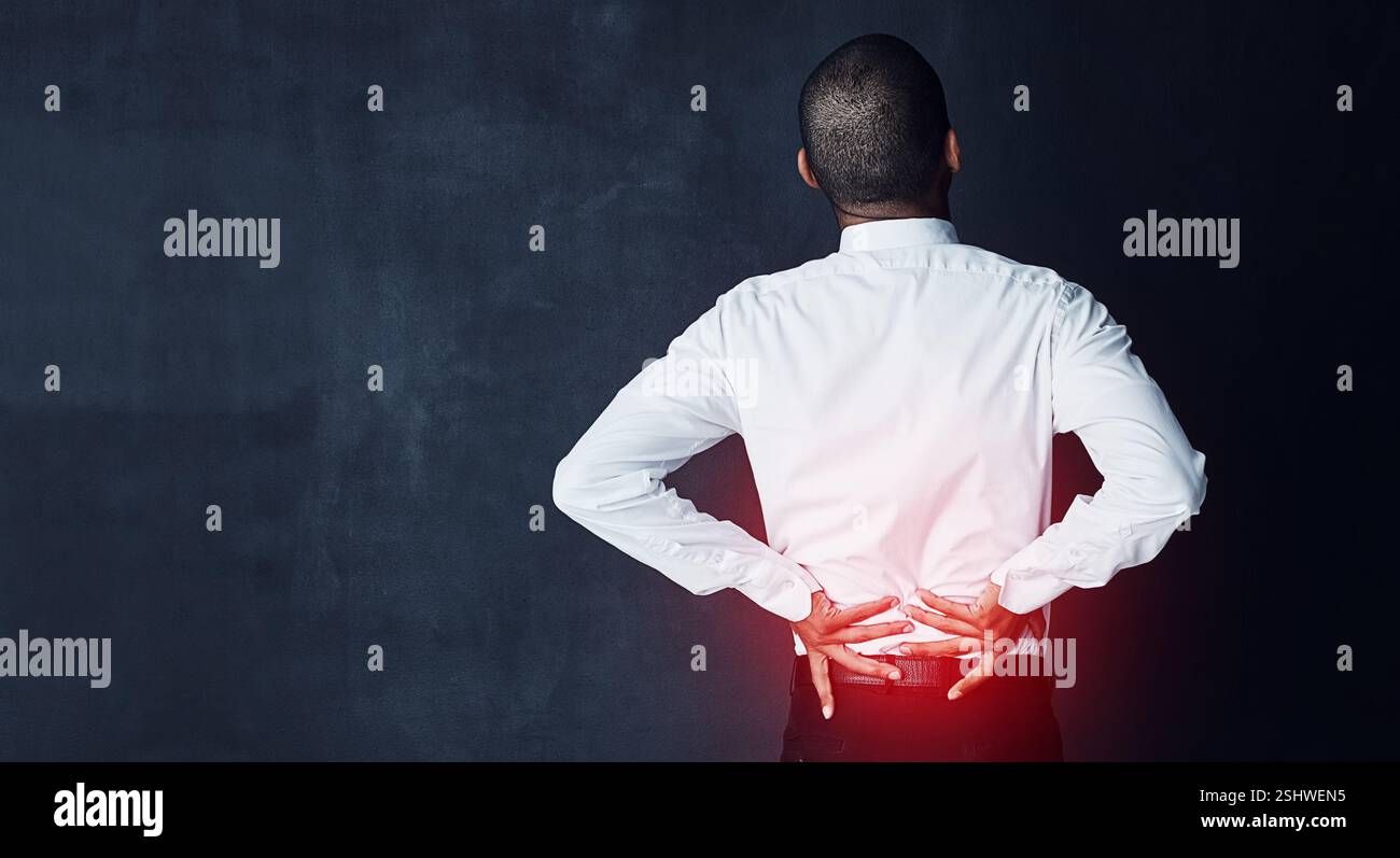 Backache, studio and employee with pain, injury and person with muscle ...