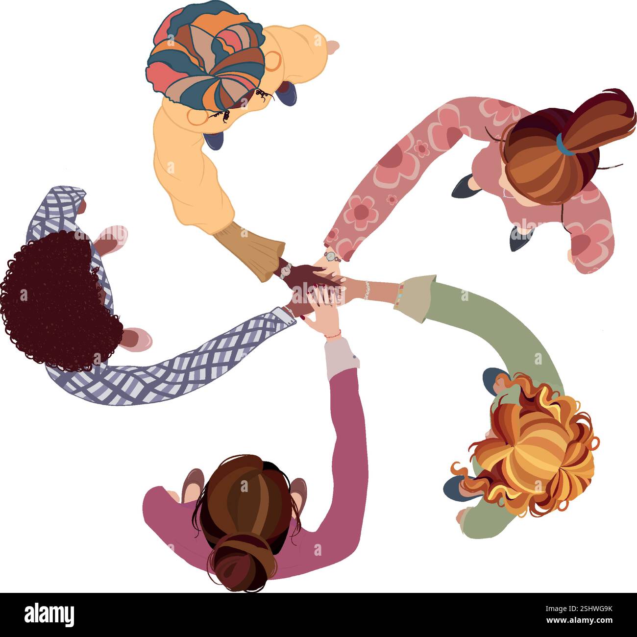 Top view of a diverse group of female colleagues in a circle hands ...
