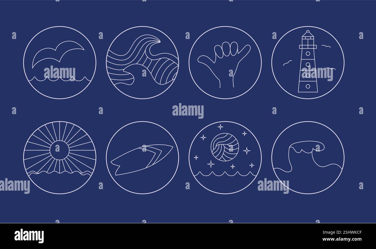 Simple thin line round ocean, surf icons for sticker, t shirt, merch ...