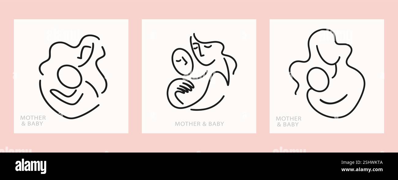 Mother and Baby One Line Drawing Breastfeeding Set Stock Vector Image ...