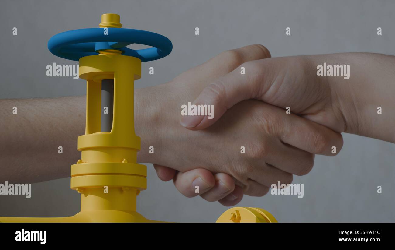 3d model of gas pipe with pressure valve on handshake background ...