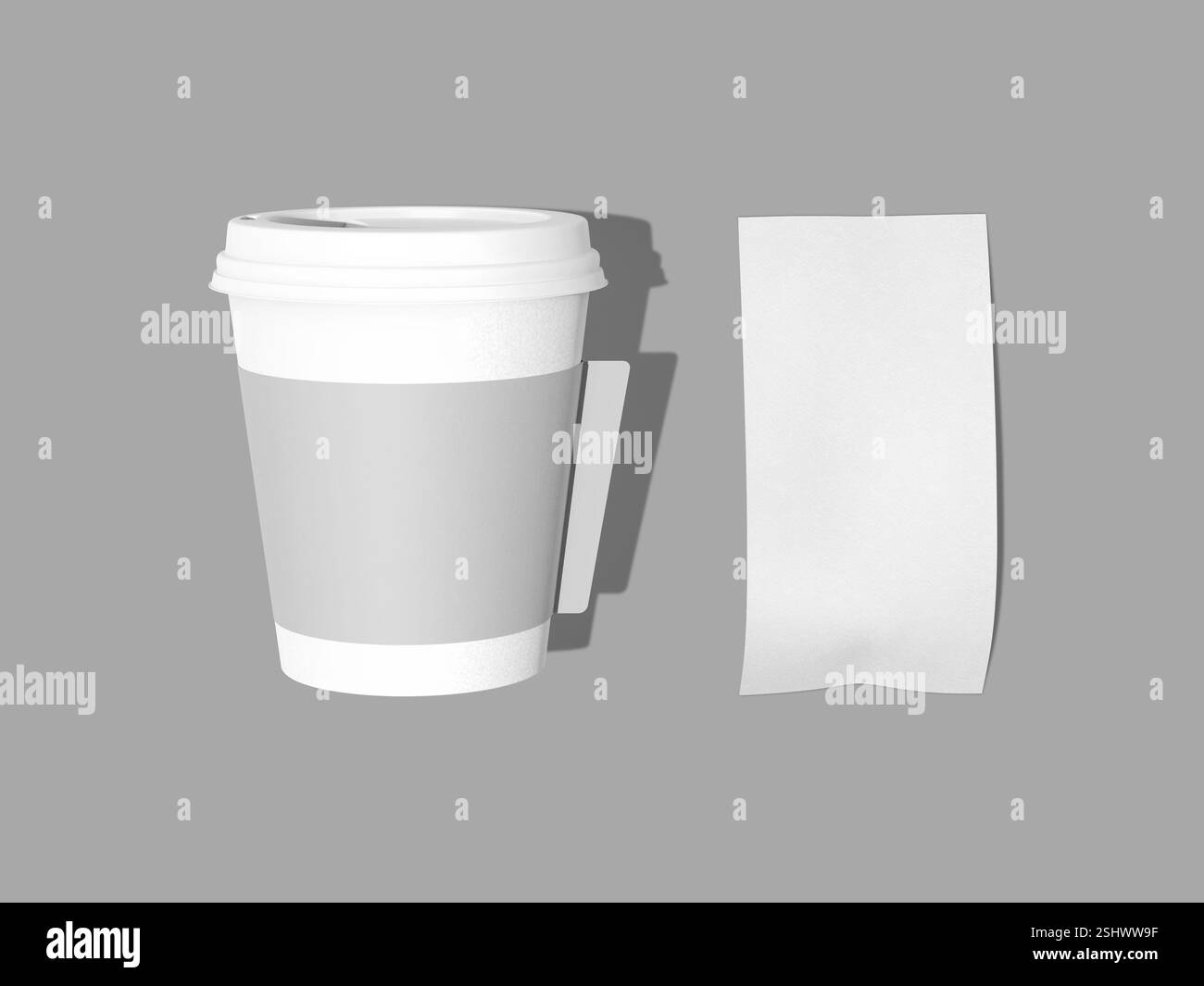 White Blank Coffee Cup with Receipt Mockup 3D Rendering on. Gray ...