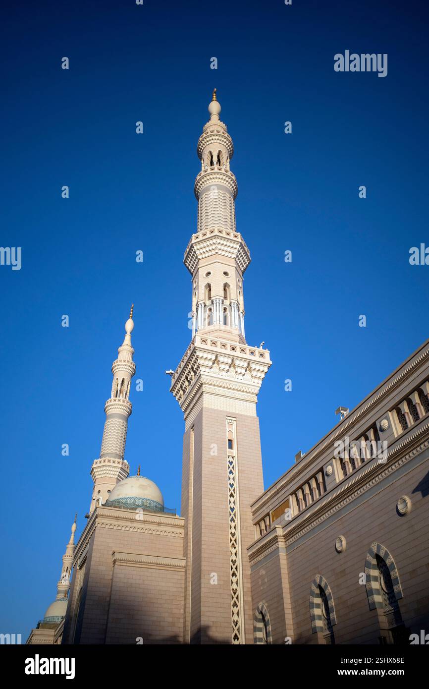 The minarets in Prophet Mosque in Madinah, also known as Masjid Nabawi ...