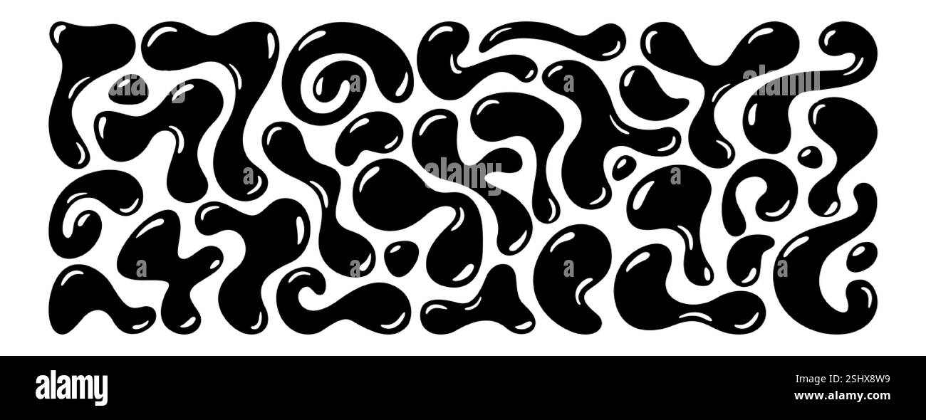 Set of black irregular blobs, random liquid organic drop shapes. Amorphous splodges, asymmetric ...