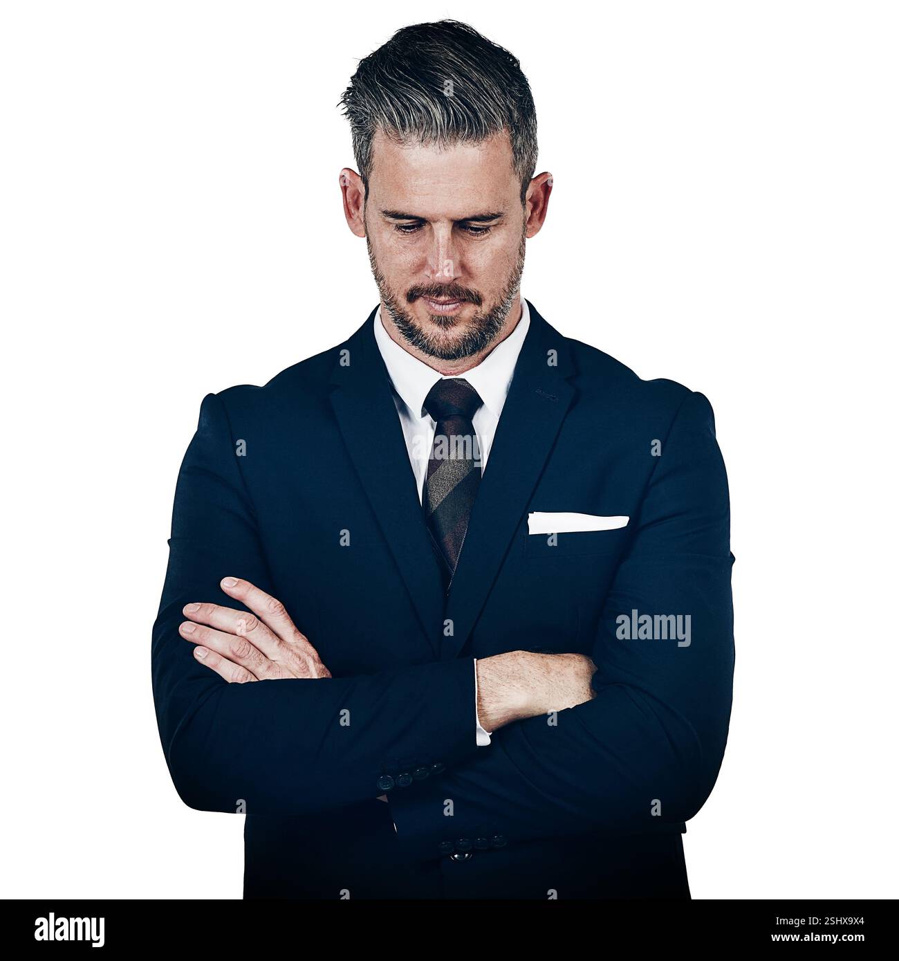 Thinking, arms crossed and business man in studio for hotel manager ...