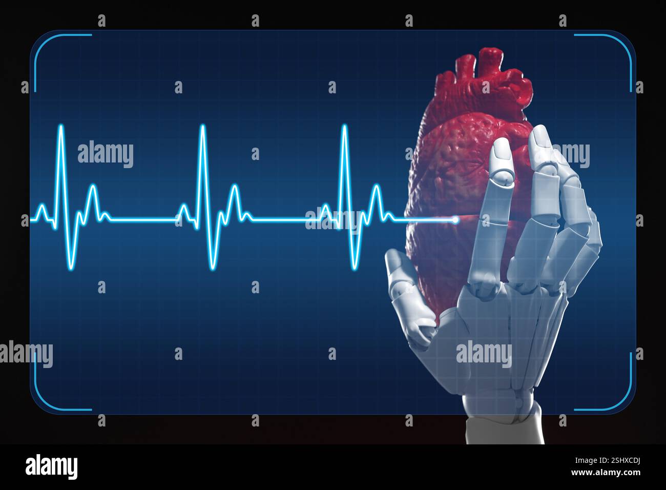 Cardiology. Robot hand holding anatomical model of heart on gradient ...