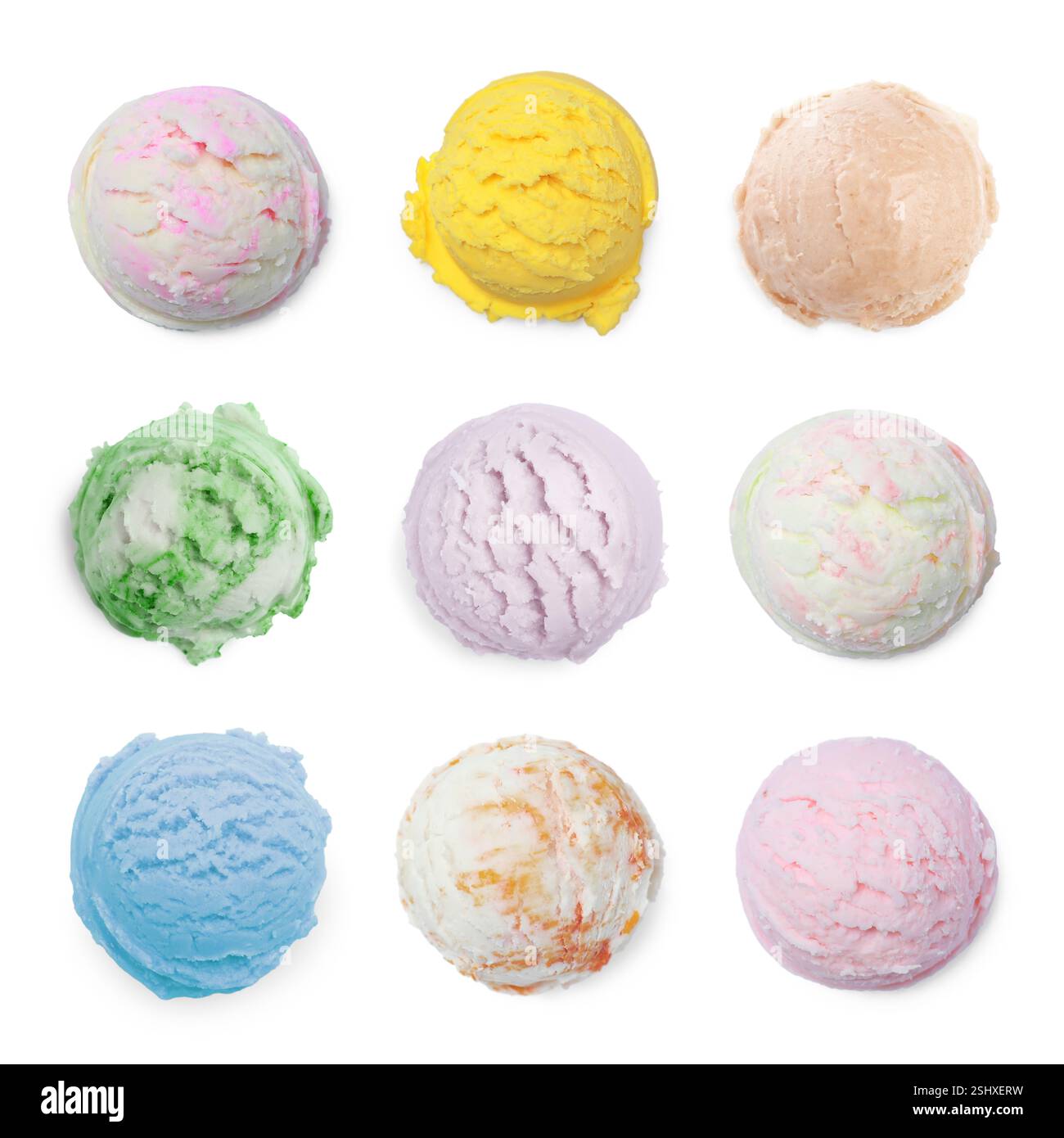 Tasty ice-cream, scoops of different flavors on white background, set ...
