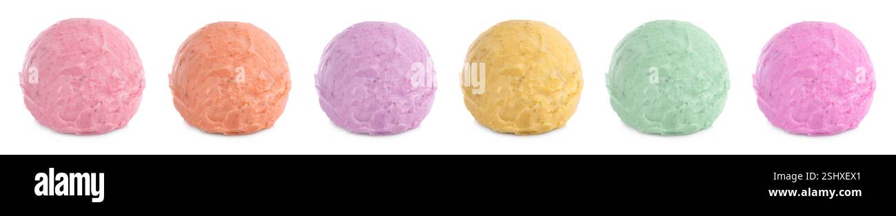 Tasty ice-cream, scoops of different flavors on white background, set ...