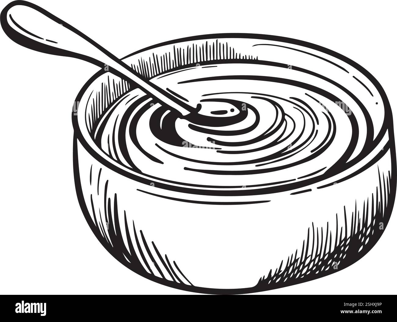 Sauce bowl with spoon outline icon vector illustration. Line hand ...