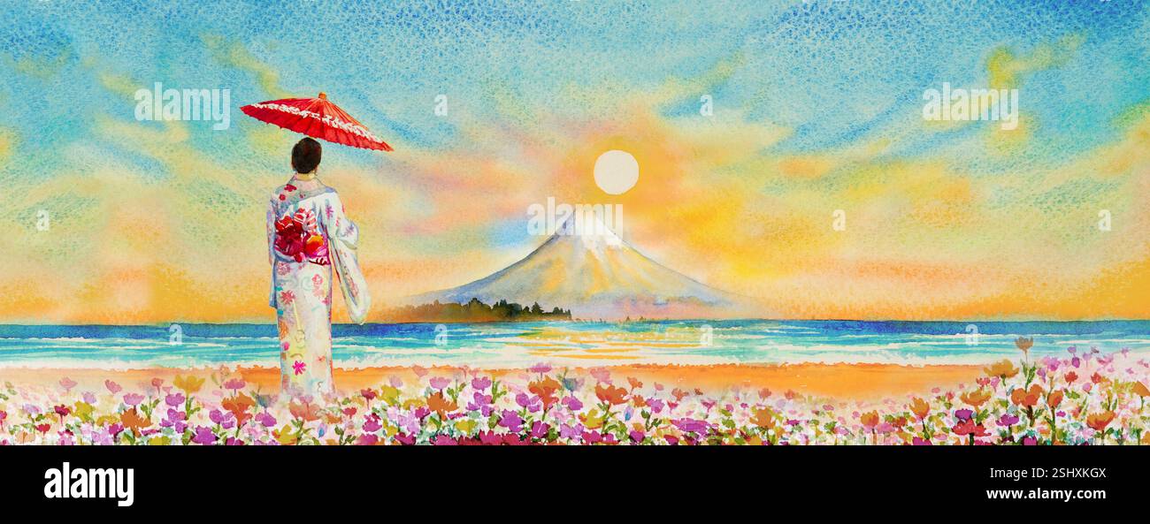 Travel Mount Fuji of Japan - Famous landmarks of the Asian. Woman ...