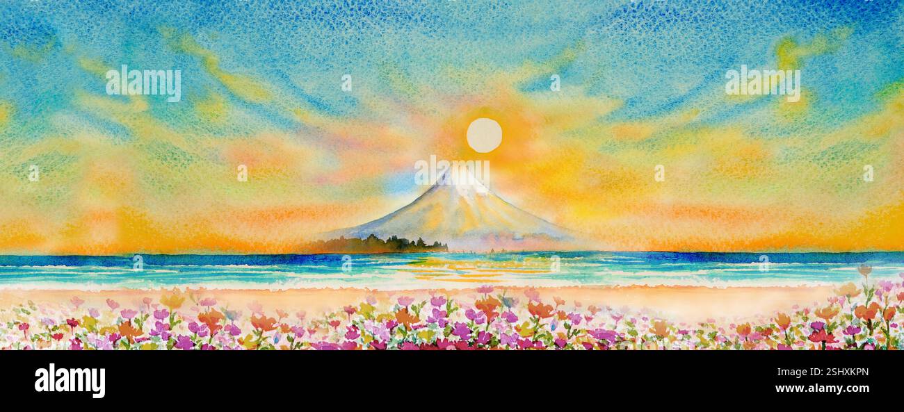 Travel Mount Fuji of Japan - Famous landmarks of the Asian. Watercolor ...