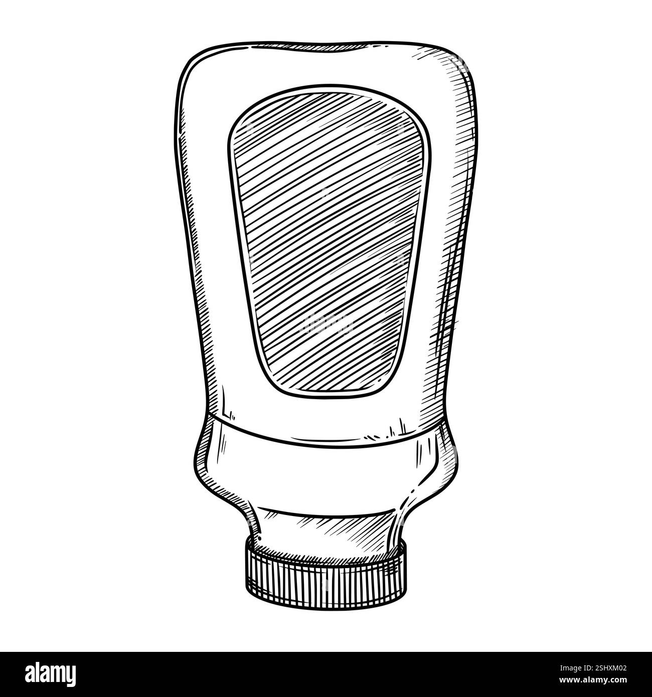 Mayonnaise sauce in the bottle. Food illustration in the graphic line ...