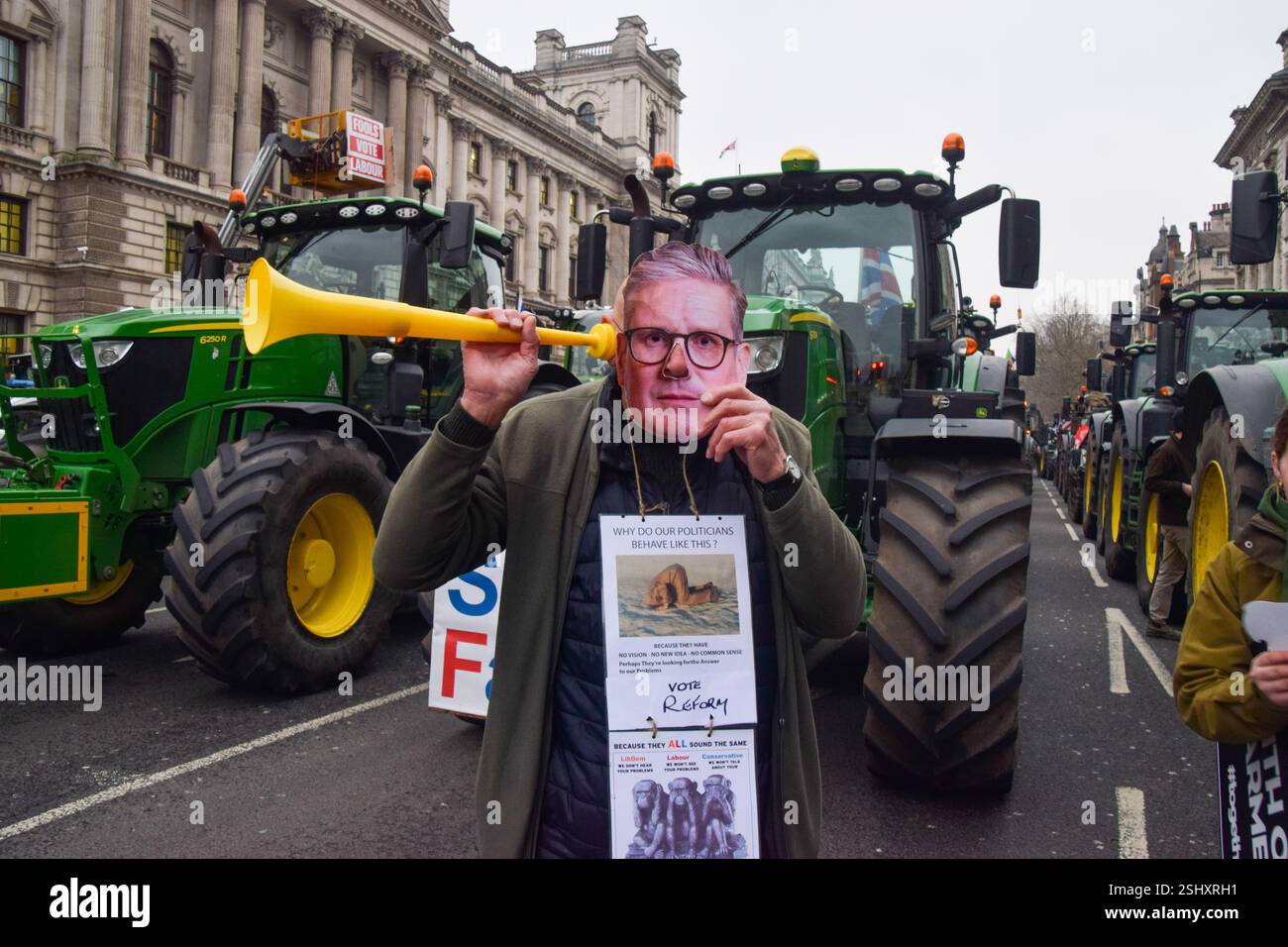London, England, UK. 10th Feb, 2025. A protester wears a Keir Starmer ...