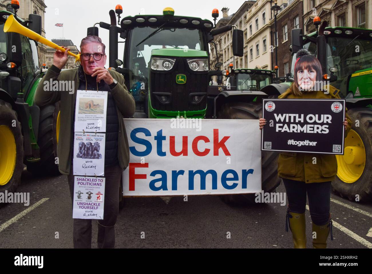 London, England, UK. 10th Feb, 2025. Protesters wear Keir Starmer and ...