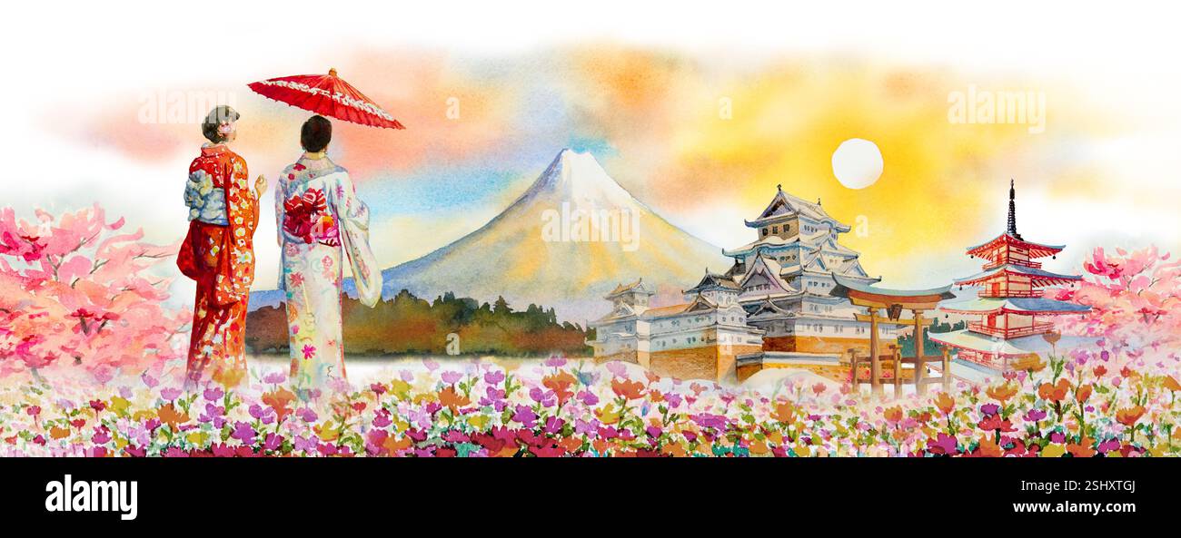 Travel Mount Fuji of Japan - Famous landmarks of the Asian. Woman ...