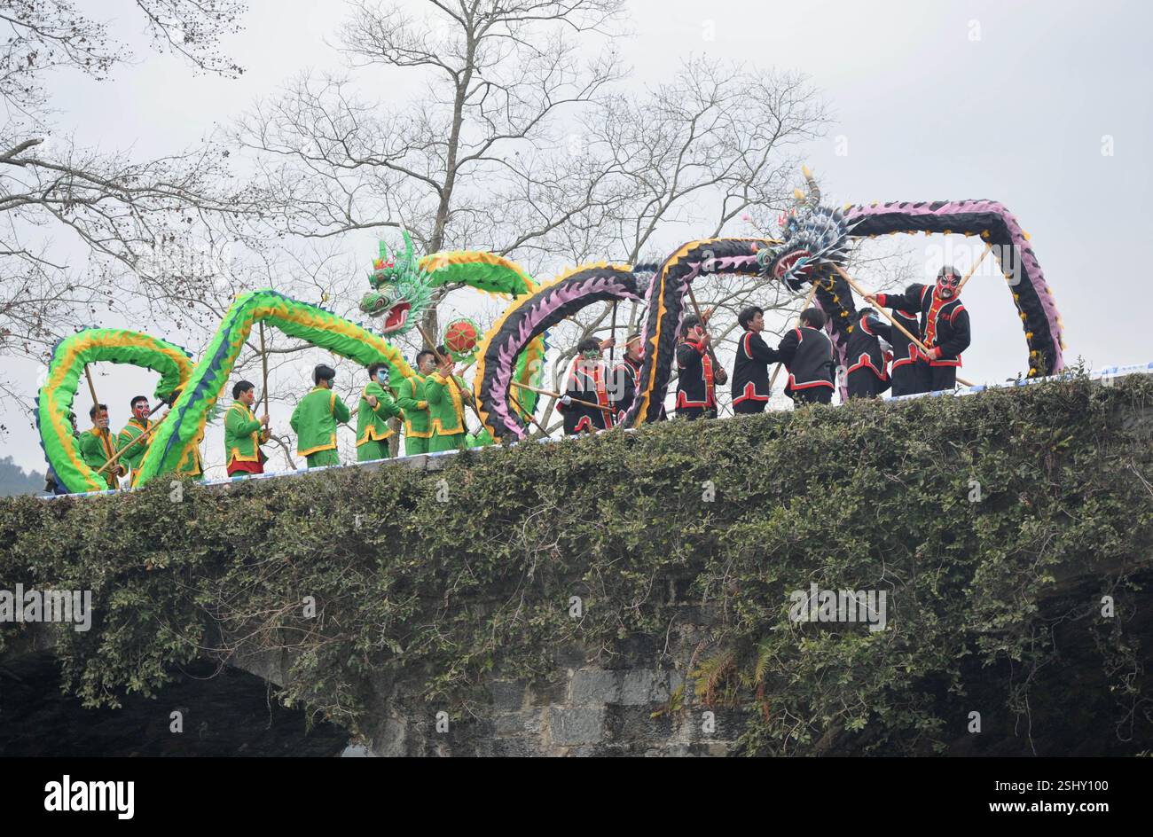 QIANDONGNAN, CHINA - FEBRUARY 11, 2025 - People attend colorful face dragon dance parade to ...