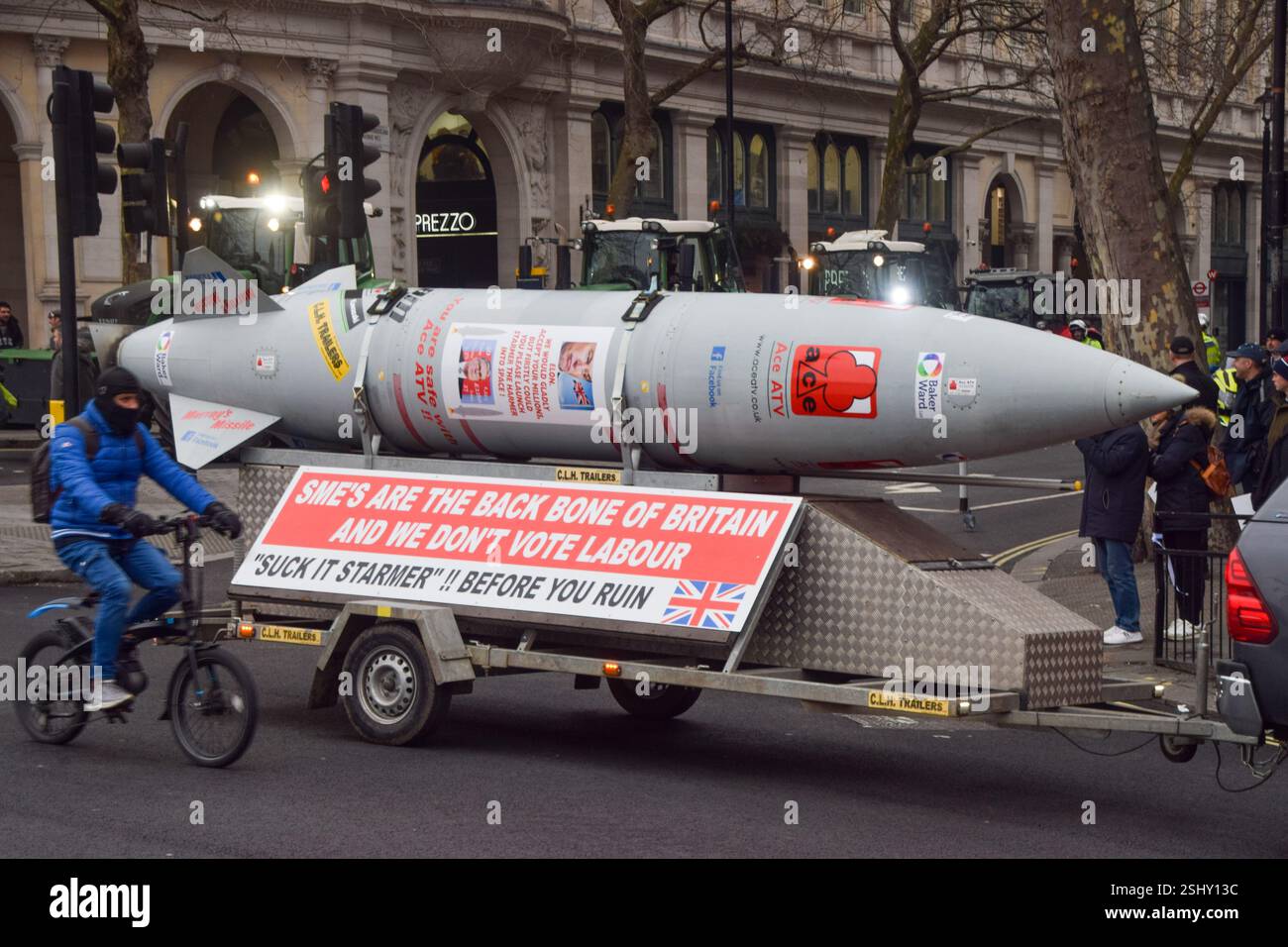 London, England, UK. 10th Feb, 2025. Protesters bring a missile with a ...