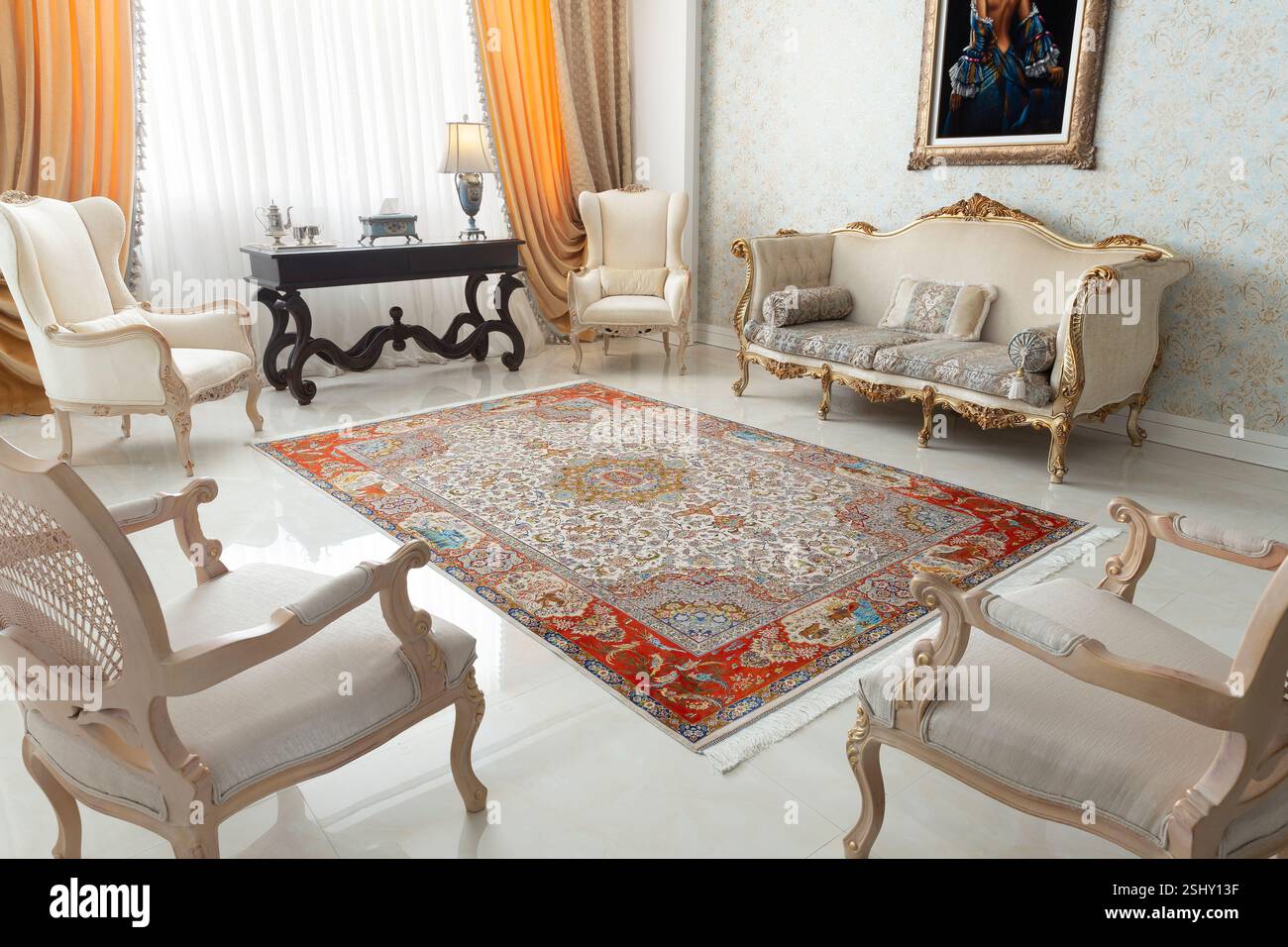 Elegant living room showcasing a handcrafted Persian carpet as a ...