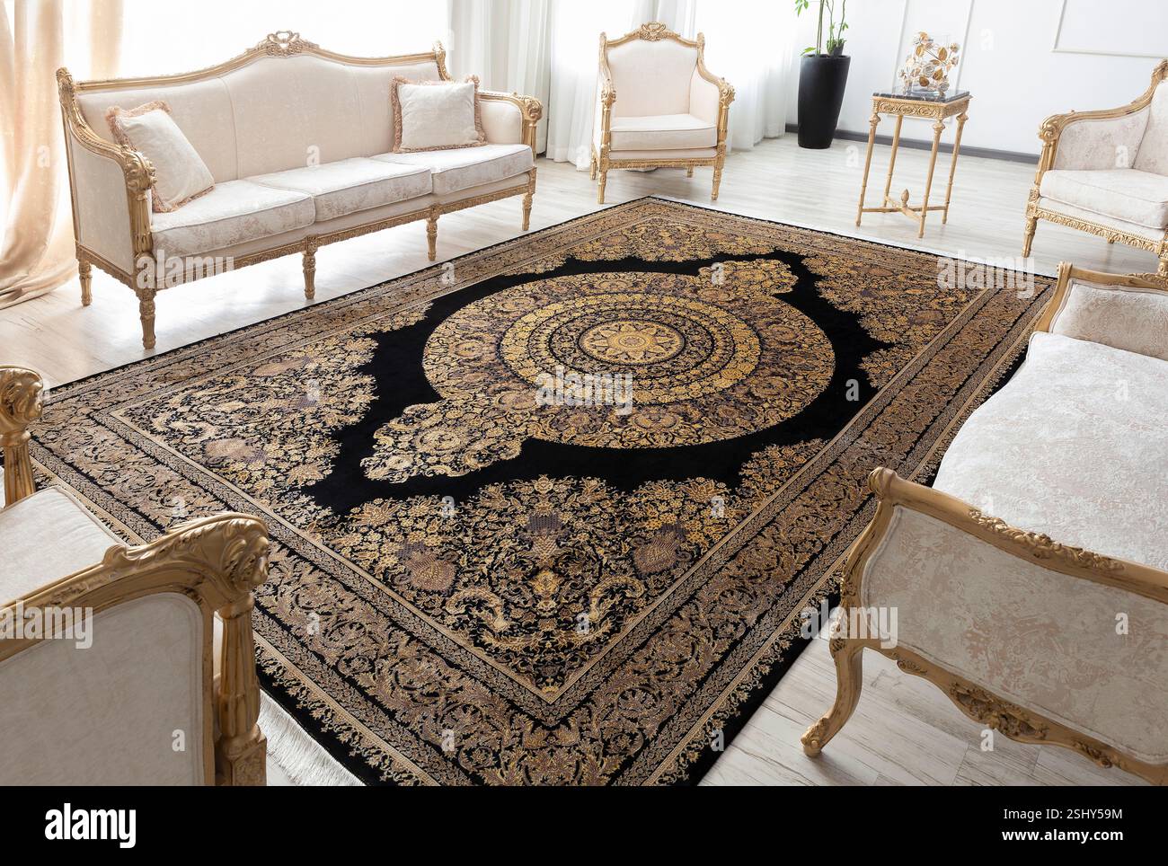 Grand living room interior featuring a striking black and gold Persian ...