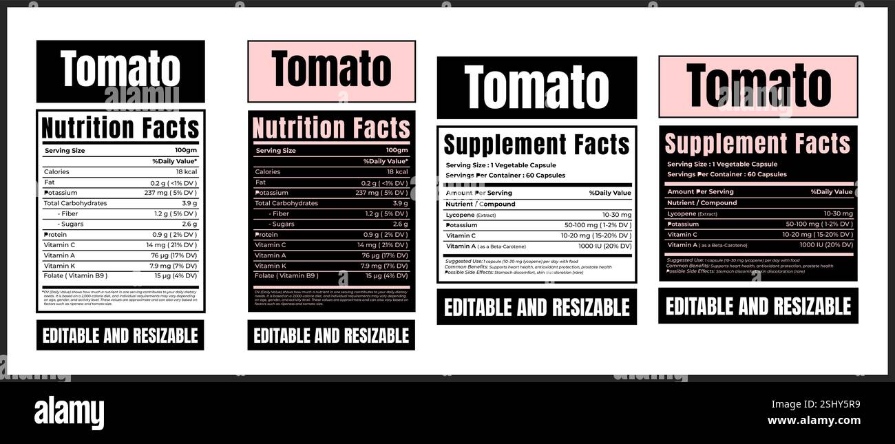 Editable and Resizable Tomato Nutrition and Supplement Facts Labels ...