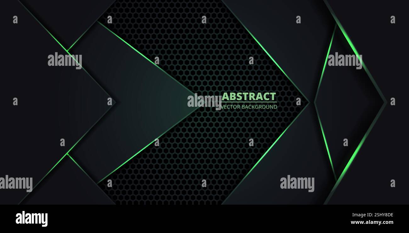 Dark abstract background with hexagon grid and green luminous lines and ...