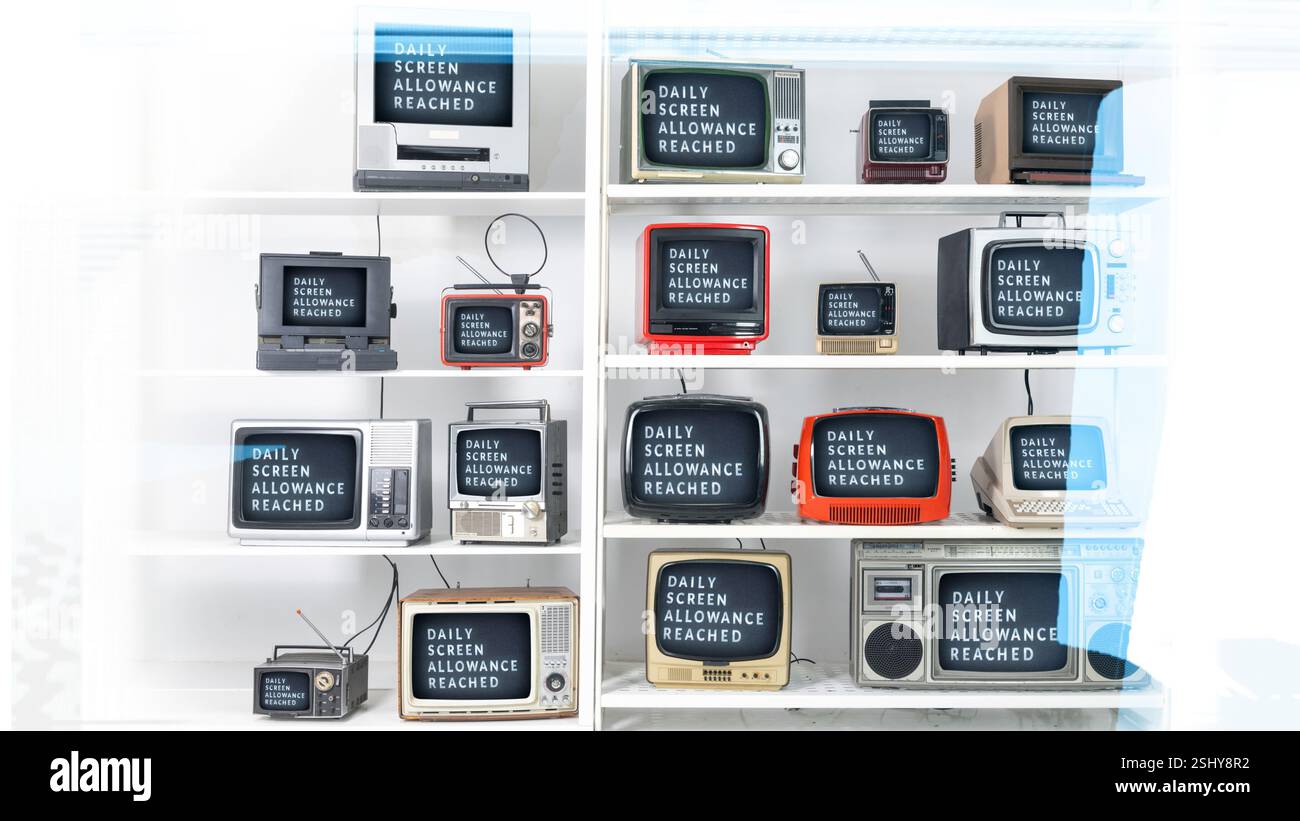 collection of old televisions with screen time warning Stock Photo - Alamy