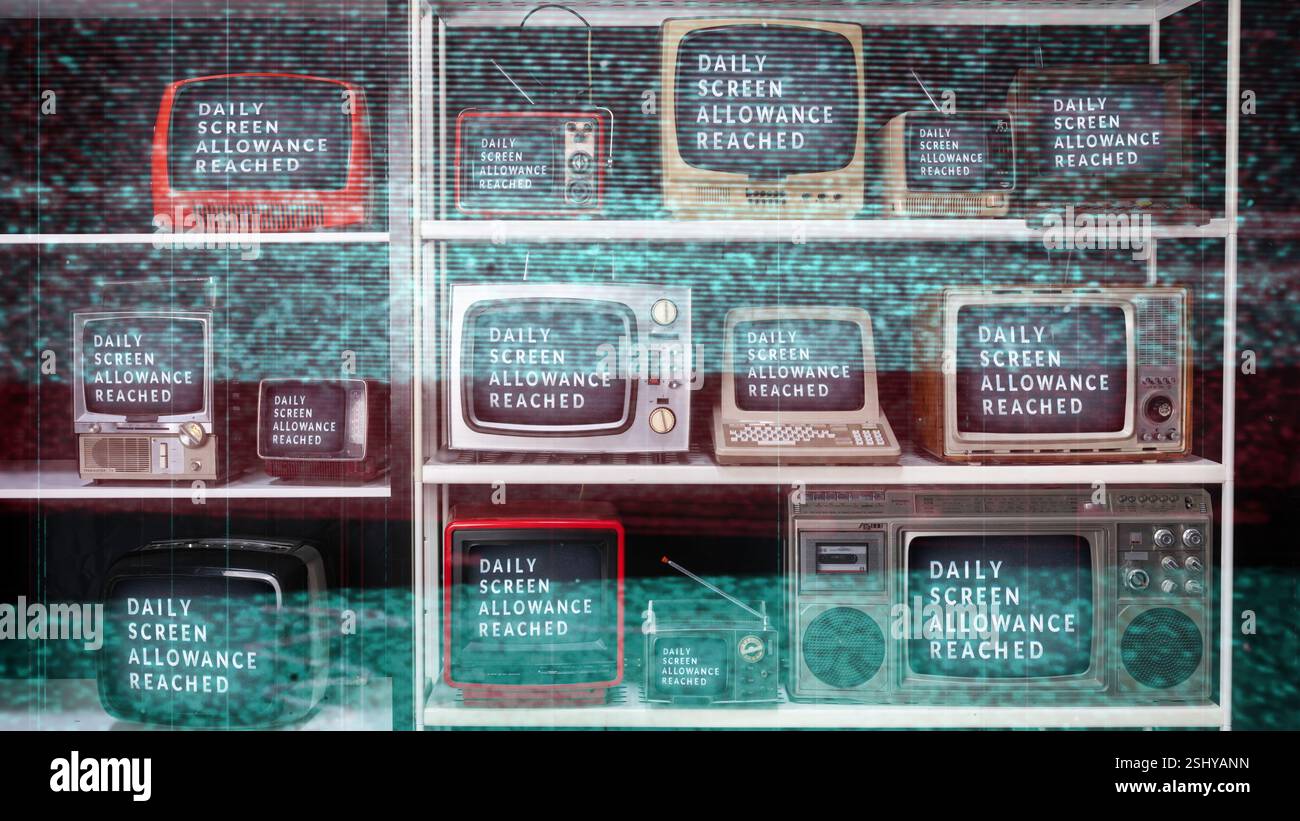 collection of old televisions with screen time warning Stock Photo - Alamy