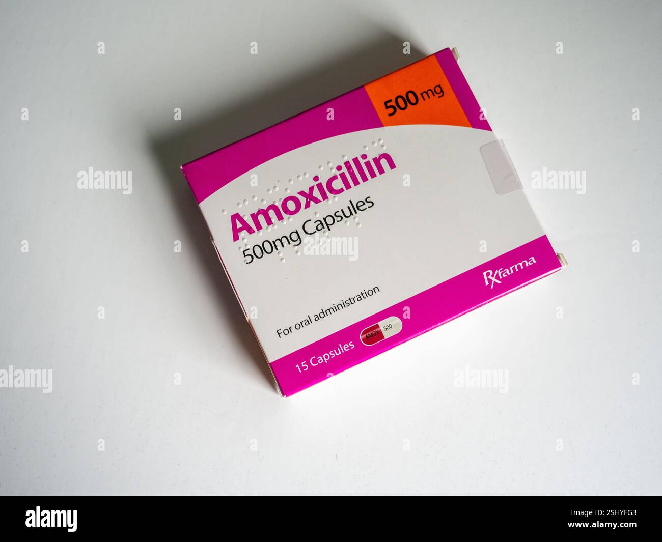 A box of Amoxycillin 500mg capsules, an antibiotic medication used to ...