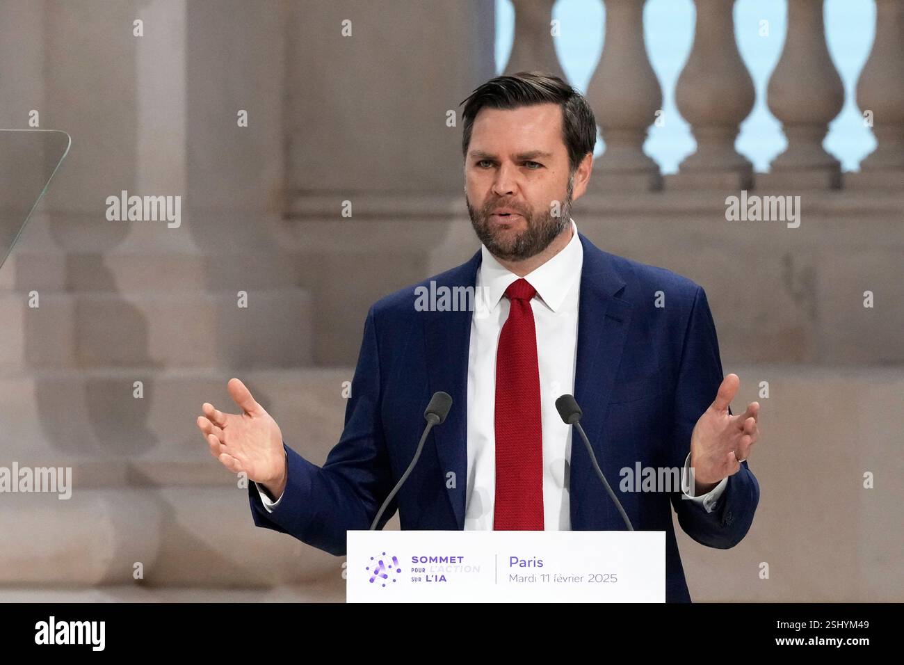 United States Vice-President JD Vance addresses the audience at the ...