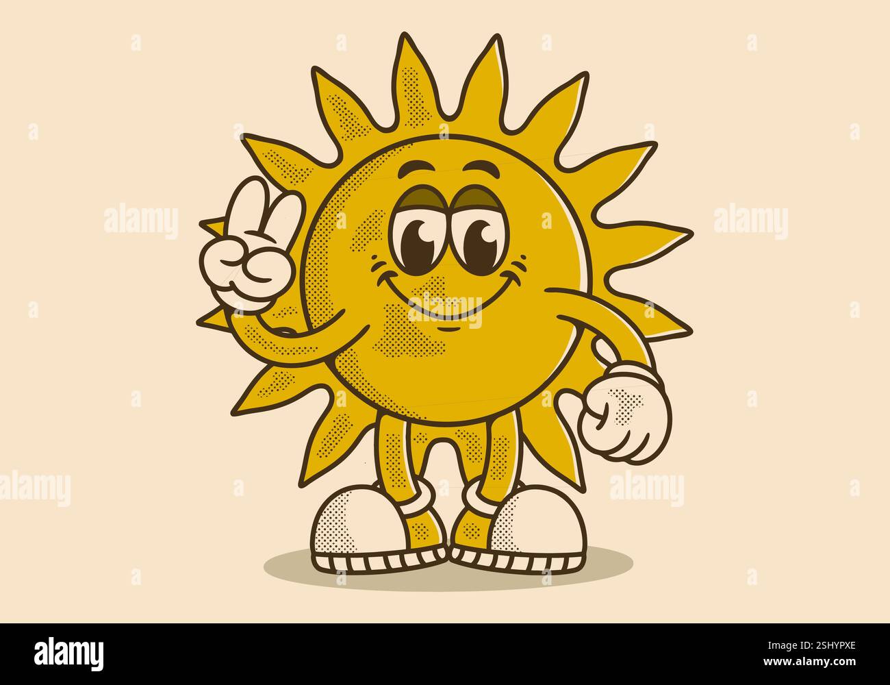 Happy sun mascot character illustration in peace hand symbol. in retro ...