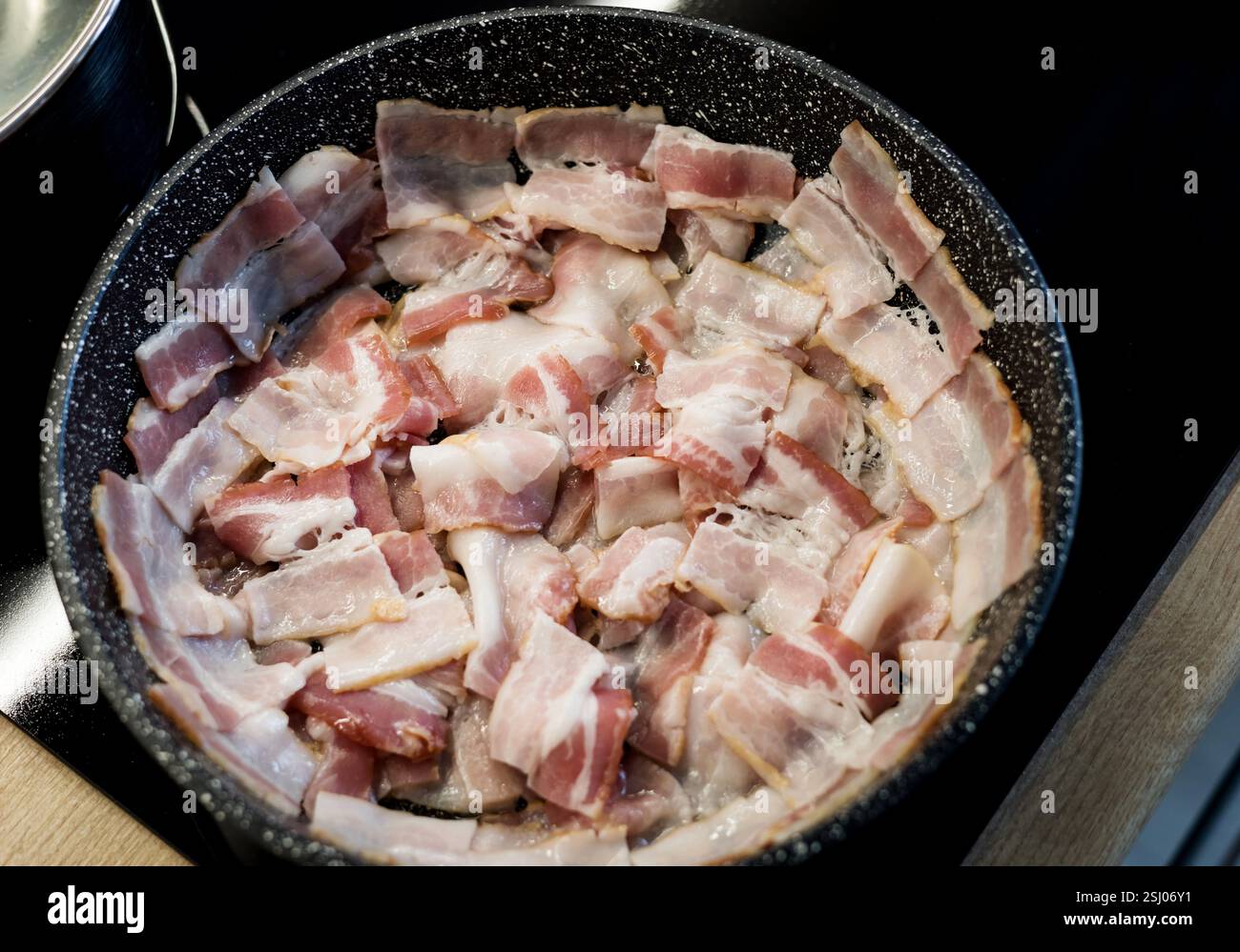 Pan fried bacon, top view. unhealthy food Stock Photo - Alamy