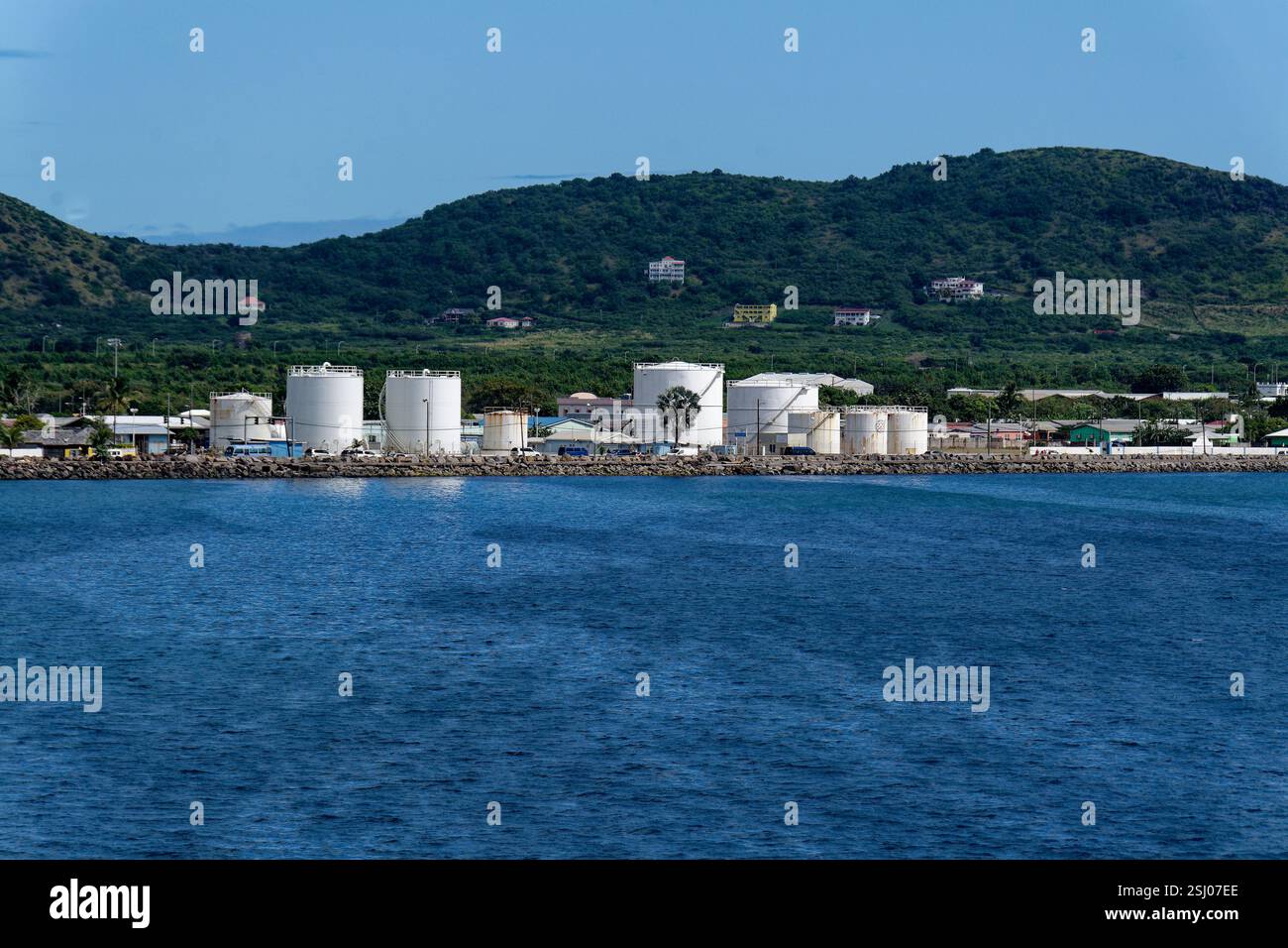 St Kitts Caribbean Island - fuel storage tanks next to the harbor Stock ...