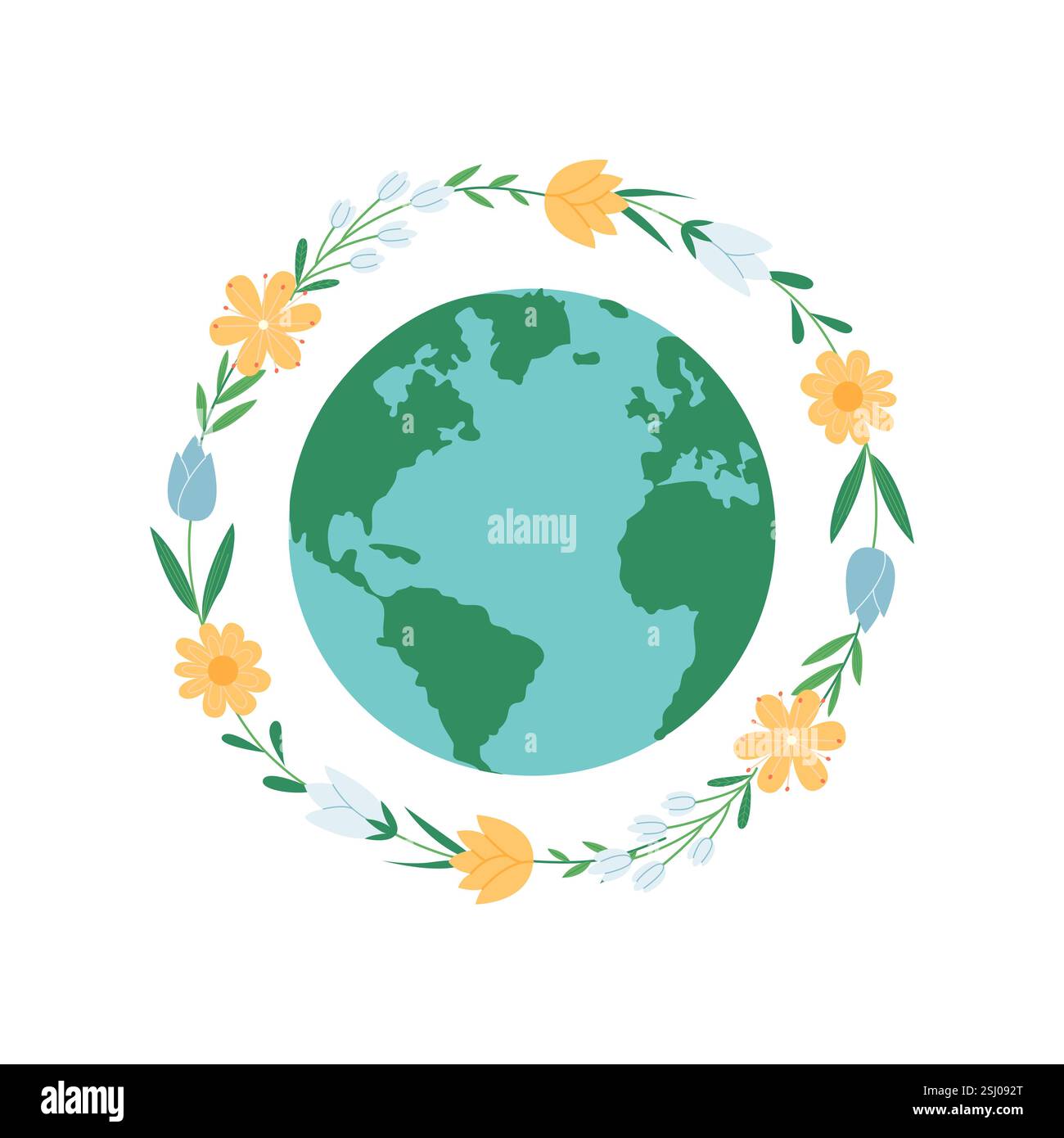 Eco-friendly concept. Illustration of earth inside flower wreath. Hand ...