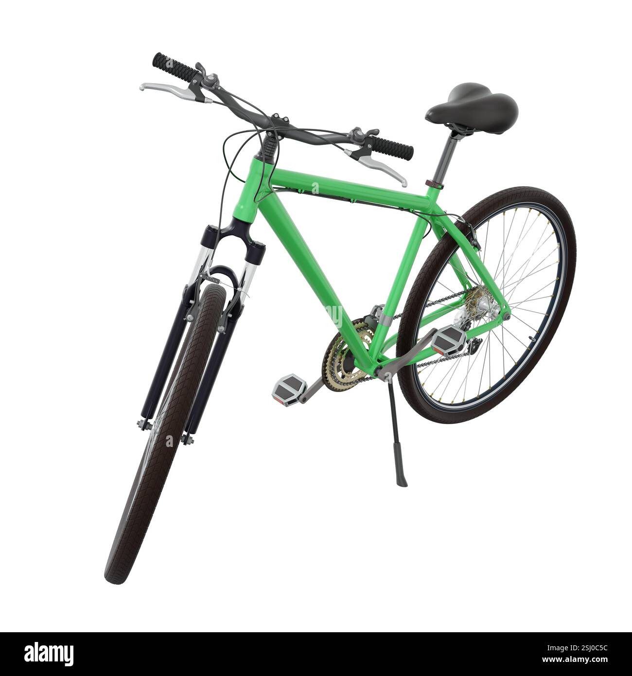 Green bicycle standing while leaning on kickstand, front side view ...