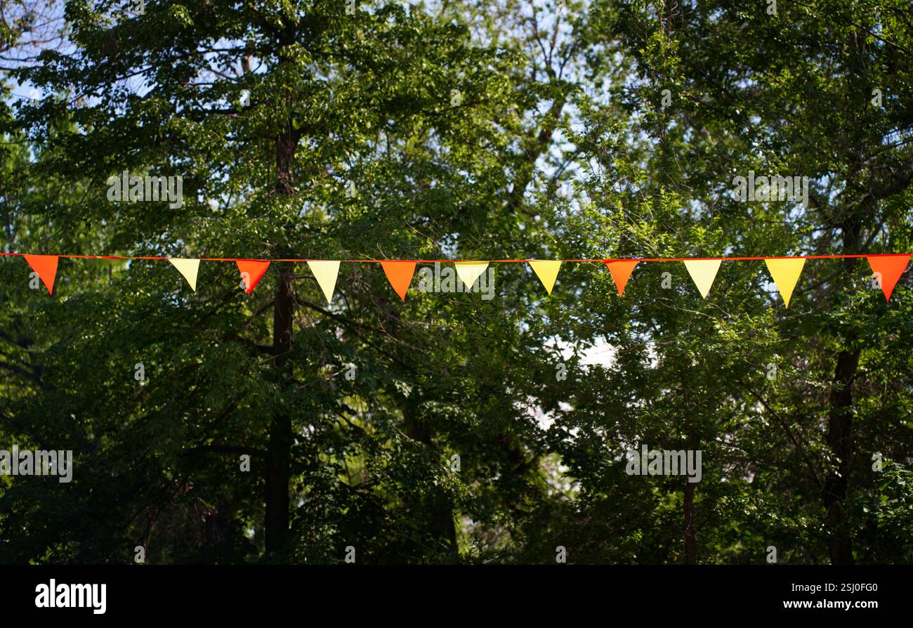 Colorful flags bunting in front of trees to celebrate an event Stock ...
